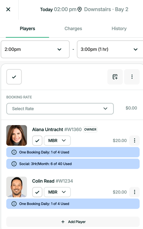How do I view member profile information from the booking screen?